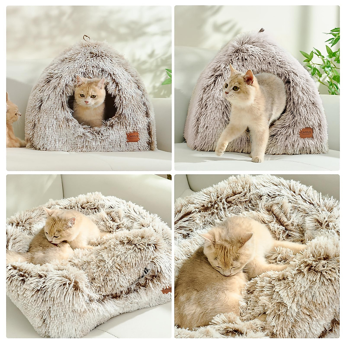 CATISM Cat Bed, Cat Cave for Indoor Cats, Soft Cat Dome, Self-Warming 2 in 1 Foldable Pet Cat House with Washable Cushioned Pillow Calming Fluffy Dog Beds for Small Dogs with Anti-Slip Bottom Brown