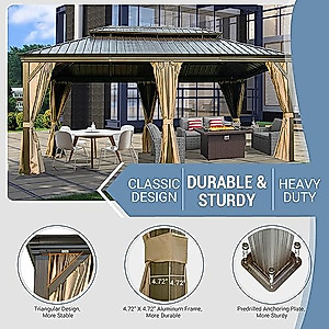 12' x 20' Hardtop Gazebo Outdoor Aluminum Gazebos with Galvanized Steel Double Canopy for Patios Deck Backyard,with Curtains&Netting by domi outdoor living Brown
