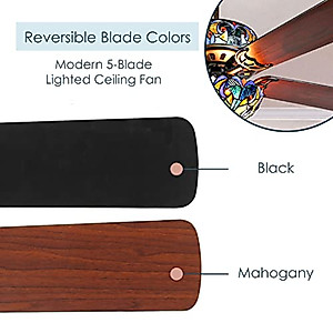 RIVER OF GOODS Tiffany-Style Halston Stained Glass Ceiling Fan - 52" L x 52" W - Mahogany and Black Fan Blades - Blue