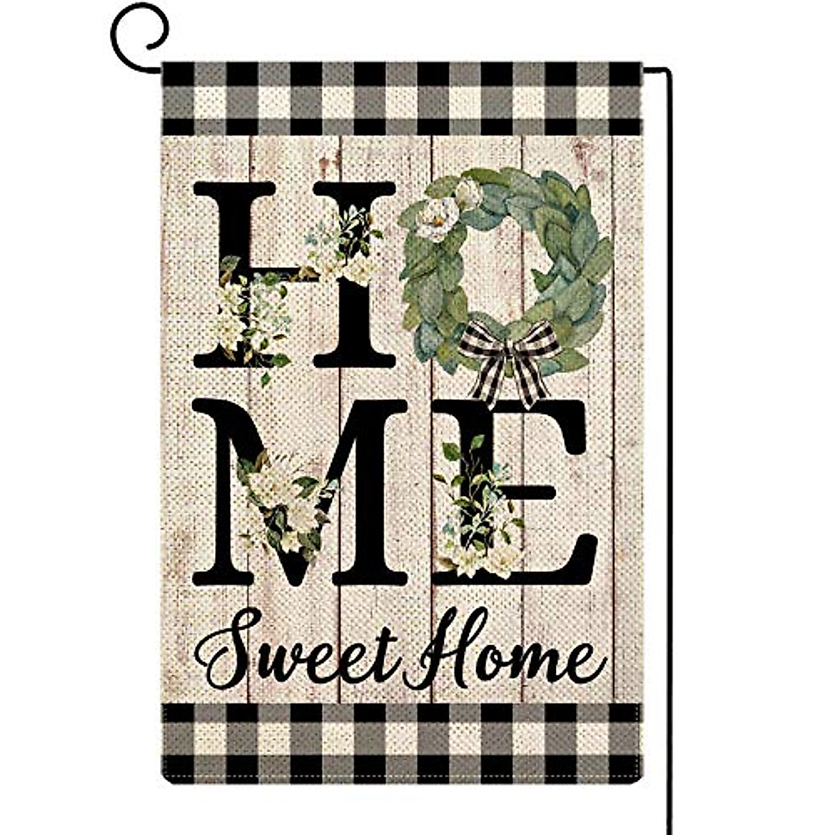 ORTIGIA Home Sweet Home Magnolia Small Garden Flag Burlap Vertical Double Sided Spring Farmhouse Rustic Buffalo Check Plaid Flower Home Decor for Yard Lawn Patio Outdoor