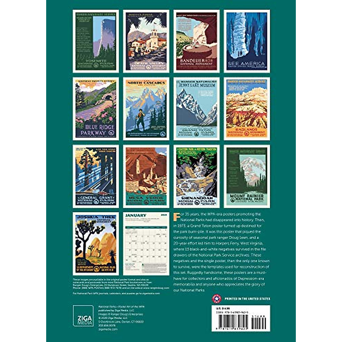 National Parks GRID—WPA Wall Calendar 2021, Monthly January-December 8.75'' x 12" (Made in USA)