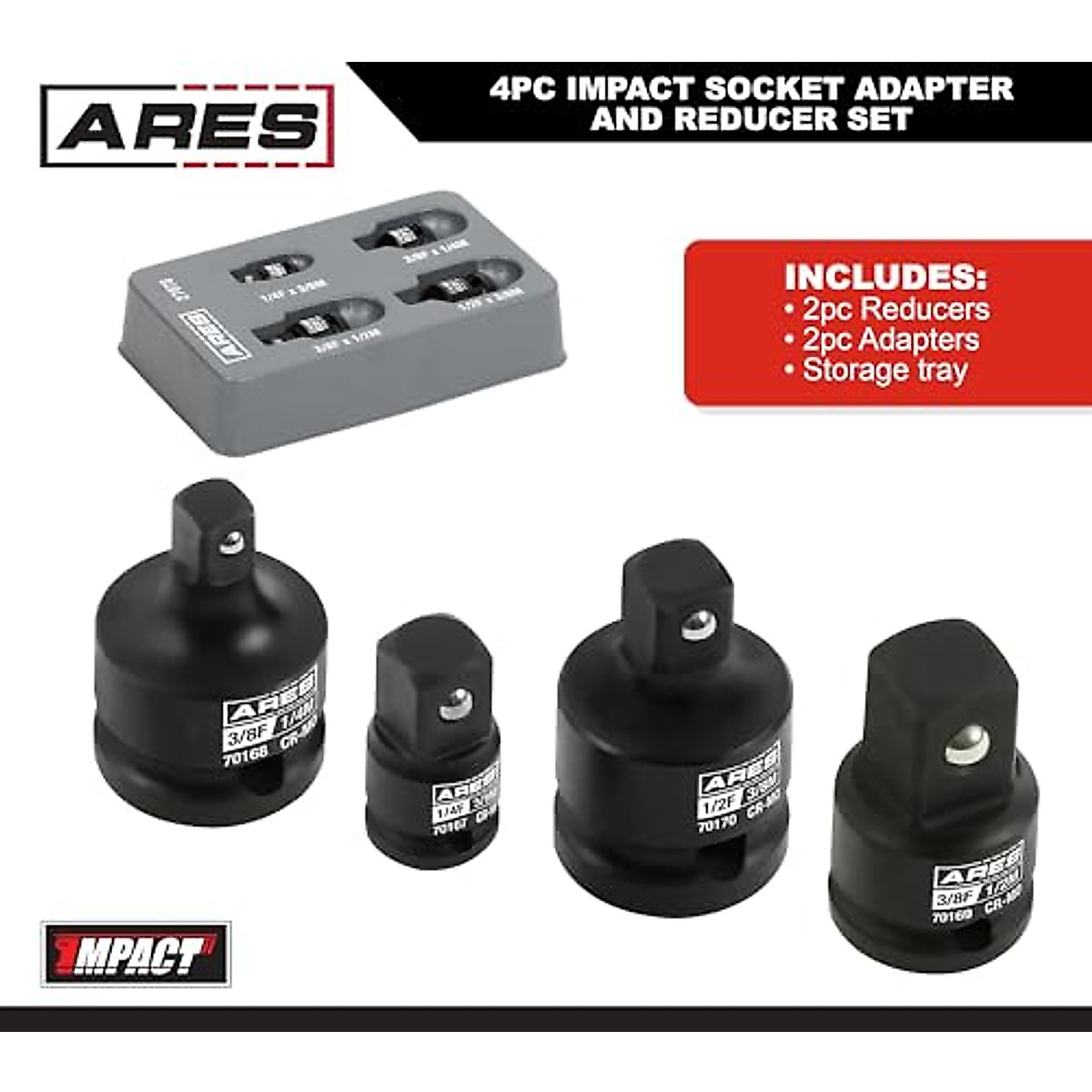 ARES 27070-4-Piece Impact Socket Adapter and Reducer Set - 1/4-Inch, 3/8-Inch & 1/2-Inch Impact Rated Step-Up and Step-Down Adapters with Included Storage Case
