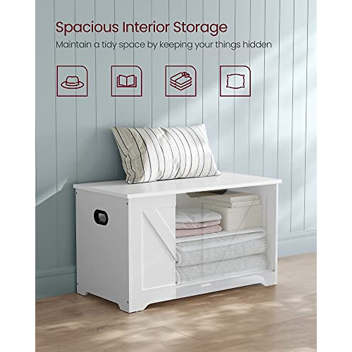 VASAGLE Storage Chest, Storage Trunk with 2 Safety Hinges, Storage Bench, Shoe Bench, Barn Style, 15.7 x 31.5 x 18.1 Inches, for Entryway, Bedroom, Living Room, White ULSB062T14