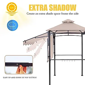 CHARMELEON Double Tiered Grill Gazebo 5x8, Outdoor BBQ Patio Canopy Tent with Stretchable Side Awning (Beige)