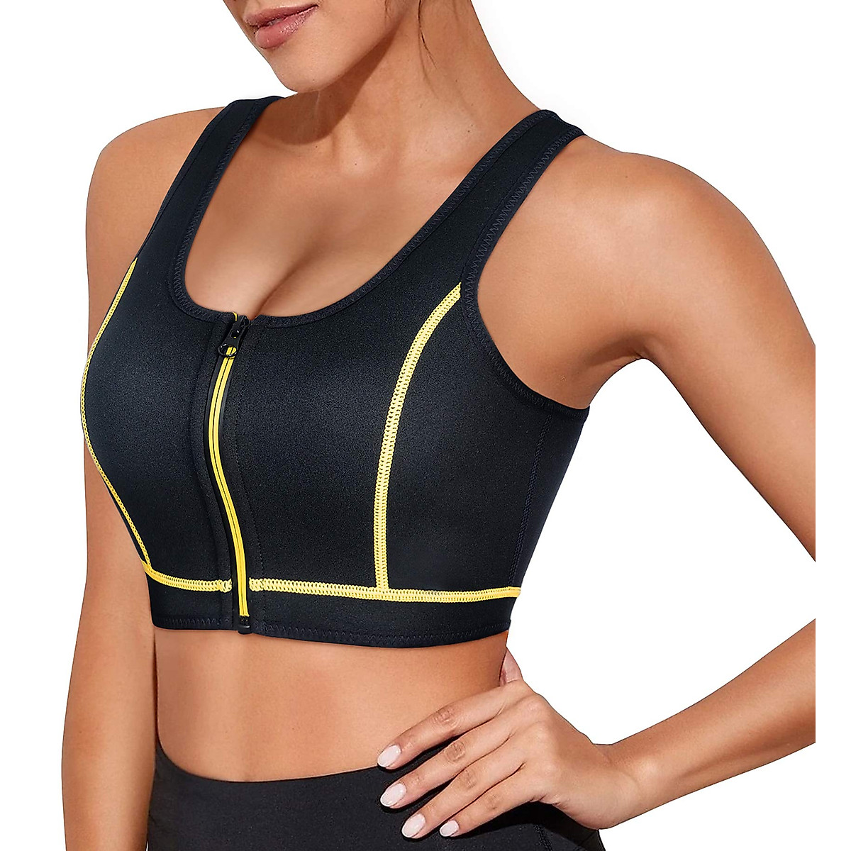 CtriLady Women High Impact Neoprene Sport Bra Front Zipper Crop Tank Top Full Cup Vest for Surfing Snorkeling Fitness (Black Yellow,M)