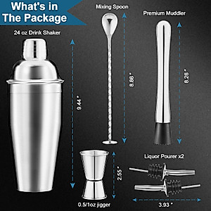 Martini Shaker 24 oz Cocktail Shaker Drink Bar Set by Hovikoki, Stainless Steel Professional Bartender Kit with Built-in Strainer Mixing Spoon&Jigger 2 Liquor Pourers Muddler and Manual Recipe