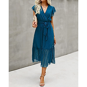 BTFBM Women Summer Bohemian Floral Casual Wrap V Neck Ruffle Cap Sleeveless Belt A-Line Pleated Hem Swing Midi Sun Dress (Swiss Dot Lake Blue, l)