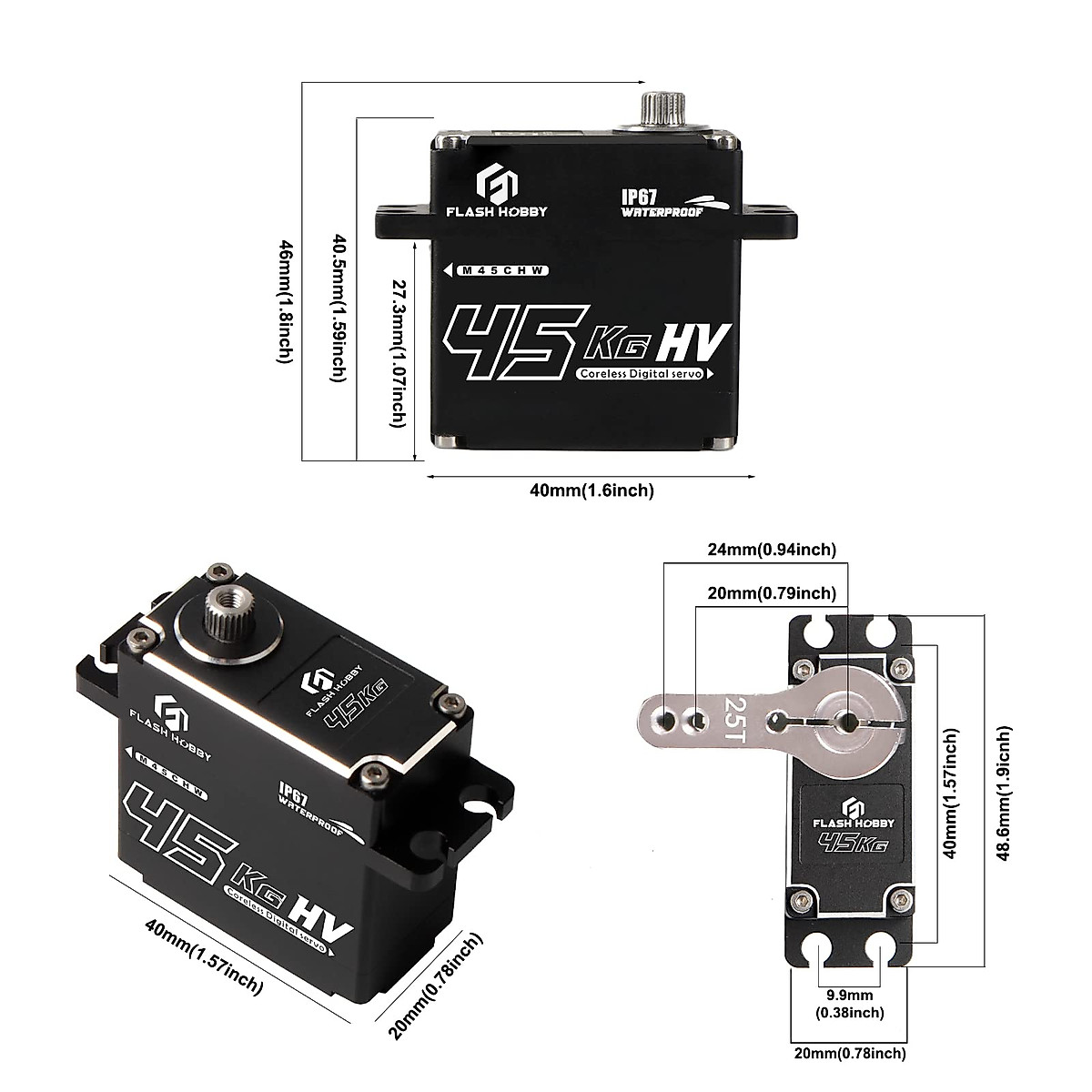 FLASH HOBBY 45KG Coreless Servo 8.4V High Torque Full Metal Gear Servo, IP67 Waterproof Steering RC Servo with Control Angle 270° for 1/10 Scale RC Cars, RC Crawler, Trucks & Robot Parts (45KG)