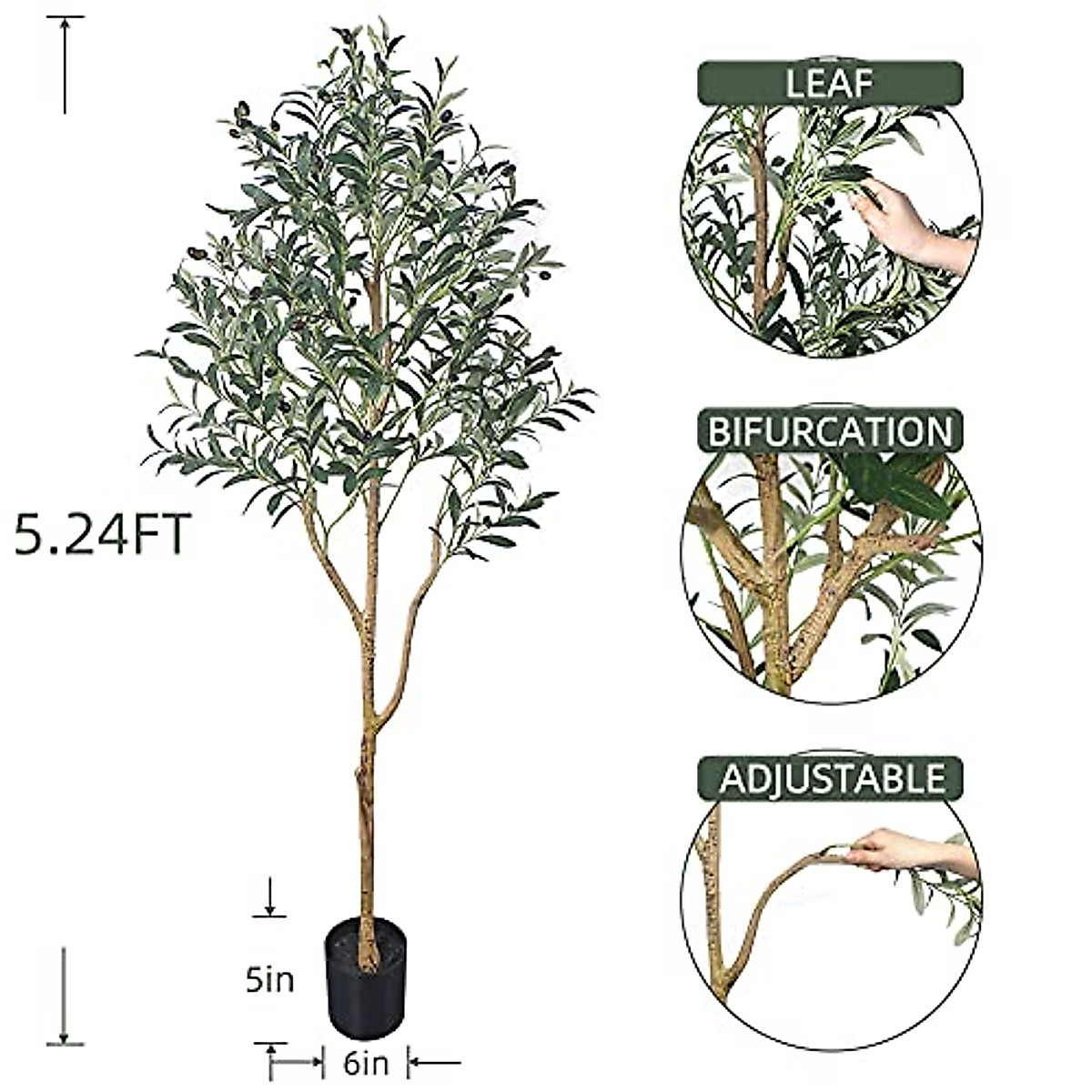 Phimos Artificial Olive Tree Tall Fake Potted Olive Silk Tree with Planter Large Faux Olive Branches and Fruits Artificial Tree for Modern Home Office Living Room Floor Decor Indoor (5.24FT)