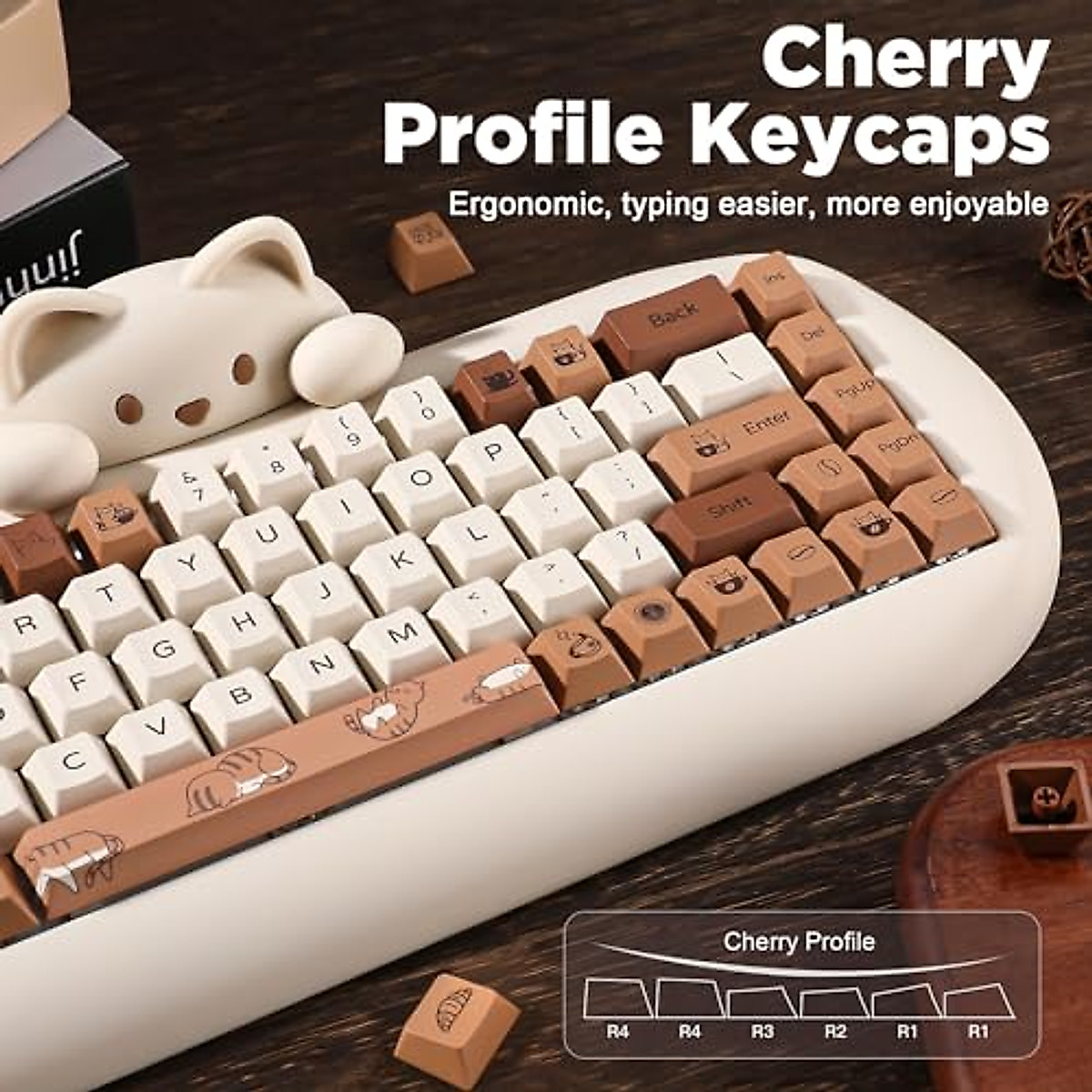 YUNZII Coffee Cat Dye Sub PBT Keycaps,152 Full Keys Dye Sublimation Custom Keycap Set with Key Puller for Cherry Gateron MX Switches Mechanical Gaming Keyboard (Cherry Profile, Coffee Cat)
