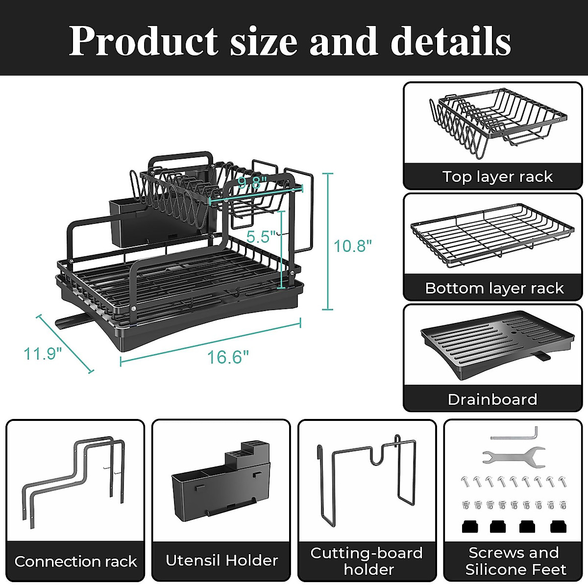 Famhap Dish Drying Rack, Large 2 Tier Dish Racks for Kitchen Counter, Durable Stainless Steel Kitchen Drying Rack with a Cutlery Holder, Drying Rack for Dishes, Knives, Spoons, and Forks