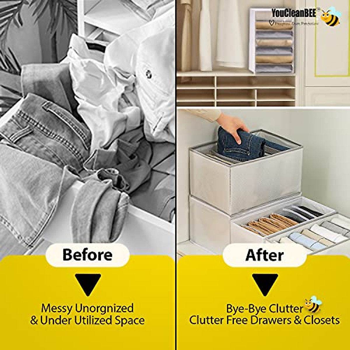 YouClean YouCleanBEE Foldable 2PCS Wardrobe Clothes Organizer 7 Grids Clothing for Folded - Storage box Shirts, Pants, Trousers, Skirts, Bra & Sweaters Replacement White with Gray