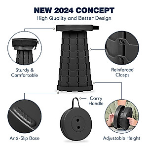 Upgraded Collapsible Stool With 3-in-1 Backpack, Cushion & Beverage Holder- Perfect Lightweight Yet Strong & Sturdy With Load Capacity 400lbs Retractable Stool For Camping, Hiking & Fishing (Black)