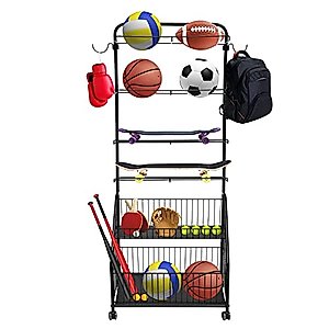 WANLECY 6 Layers Sports Rack for Garage, Rolling Ball Storage Holder on Wheels with Baskets and Hooks for Garage Ball Organize, Black