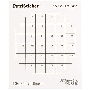 Diversified Biotech PetriStickers PSTK-1000 Square Grid Label for Petri Dish, 32 Square Grid (Pack of 36)