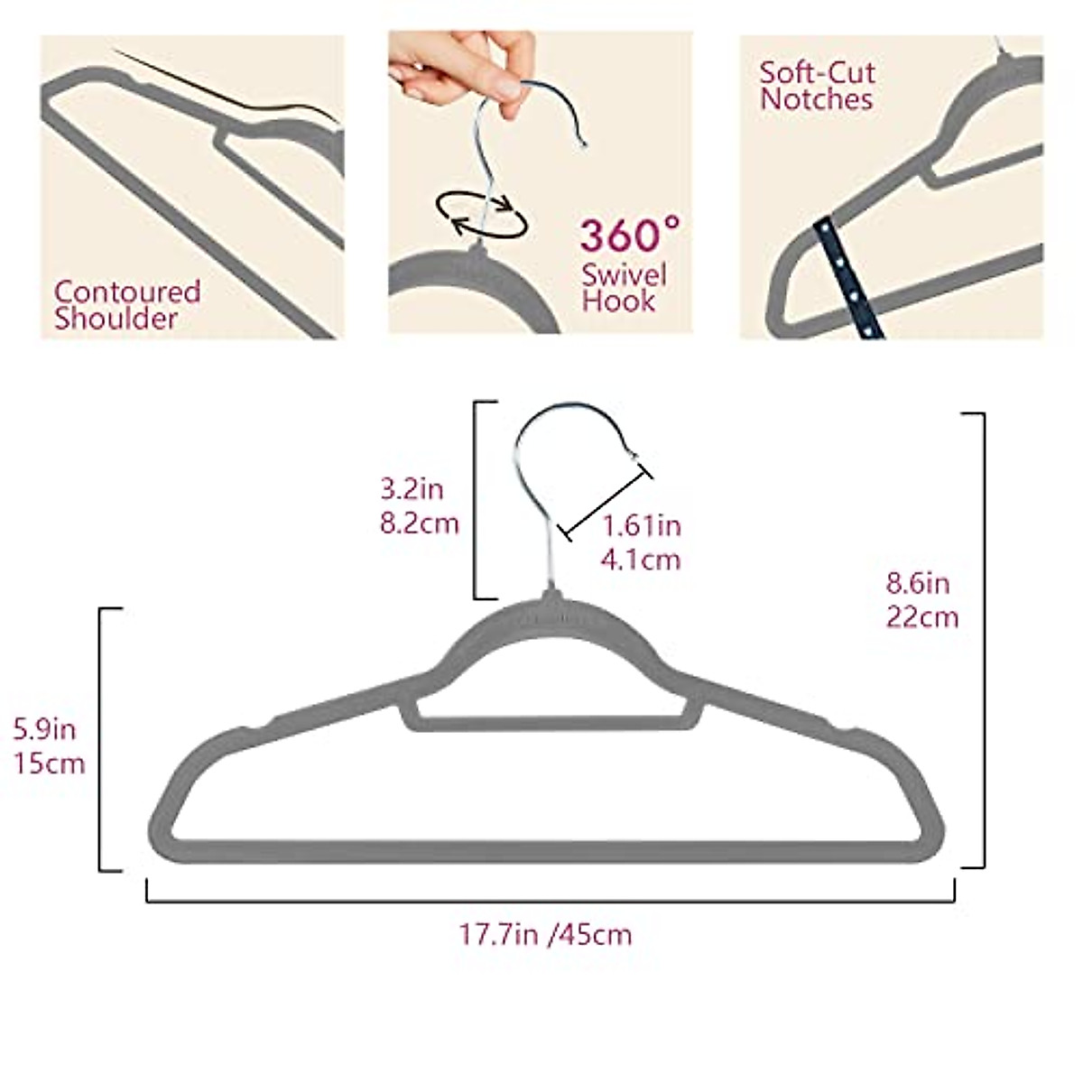 ATZJOY Non Slip Clothes Hangers Space Saving Velvet Hangers (100 Pack, Gray)