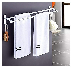 NERDOH Space Aluminum matt Double Rod with Hook Silver White Multifunctional Wall-Mounted Towel Rack-Length 40CM Wall Mounted Towel Bar Hanging for Kitchen Bathroom Cupboard