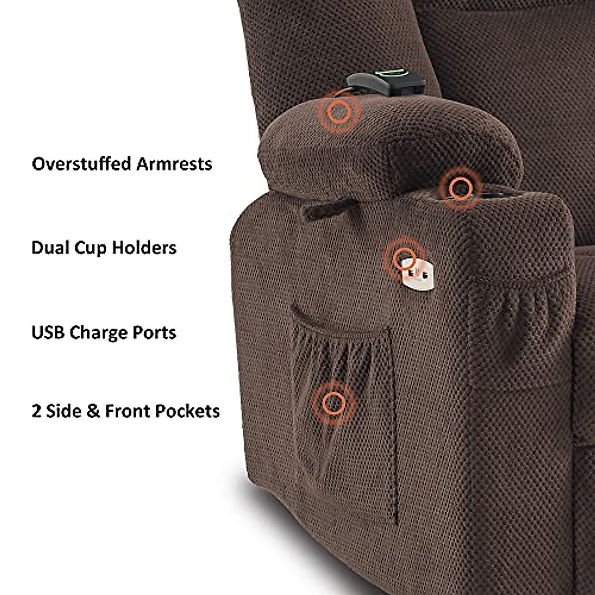 MCombo Fabric Electric Power Recliner Chair with Heat and Massage, Cup Holders, USB Ports, Extended Footrest, Cloth Powered Reclining for Living Room 8015