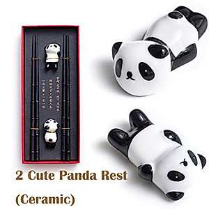 HauSun 2 Pairs Chopsticks and Chopstick Rest Gift Set- Dishwasher Safe Reusable Fiber Glass Chopsticks + Porcelain Cute Panda Chopstick Holder, Non-slip Chinese Japanese Style Chopsticks Set, Black