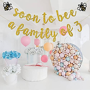 INNORU Soon to Bee a Family of Three Banner, Bumble Bee Theme Baby Shower Party Decorations, Mommy to Bee Daddy to Bee Party, Bee Pregnant Annountanct Party Decorations, Gold Glitter