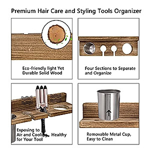 Bathroom Wall Mount Hair Dryer Holder Hair Care & Styling Tool Organizer, Farmhouse Wooden Beauty Hair Appliance Holder for Flat Iron, Curling Wand, Hair Straighteners, Brushes,Dark Brown