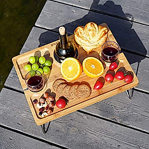 INNO STAGE Picnic Wine Table, Folding Portable Bamboo Glass and Bottle Holder, Snack Tray or Cheese Board for Outdoor Concerts at Park or Beach, Gift for Wine Lover