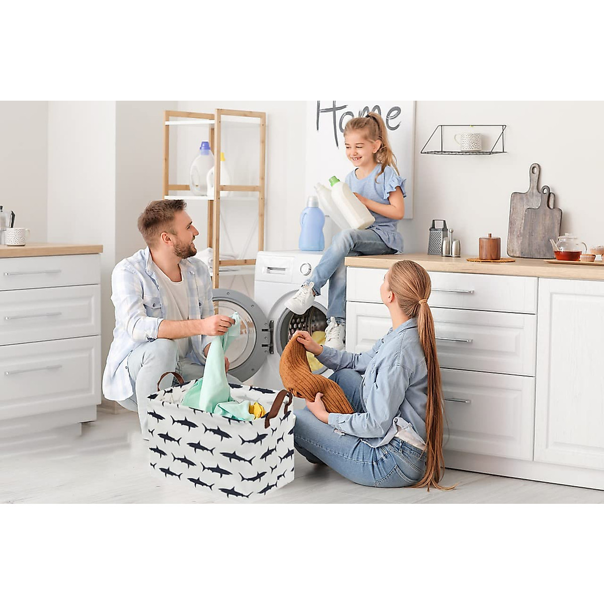 Sanjiaofen Rectangular Kids Storage Bins,Waterproof Shark Storage Basket with Lid,Boys Basket Collapsible Toy Organizer Bin with Handles for Clothes Storage, Kid's Toy Box,Book Bag (Blue Shark)