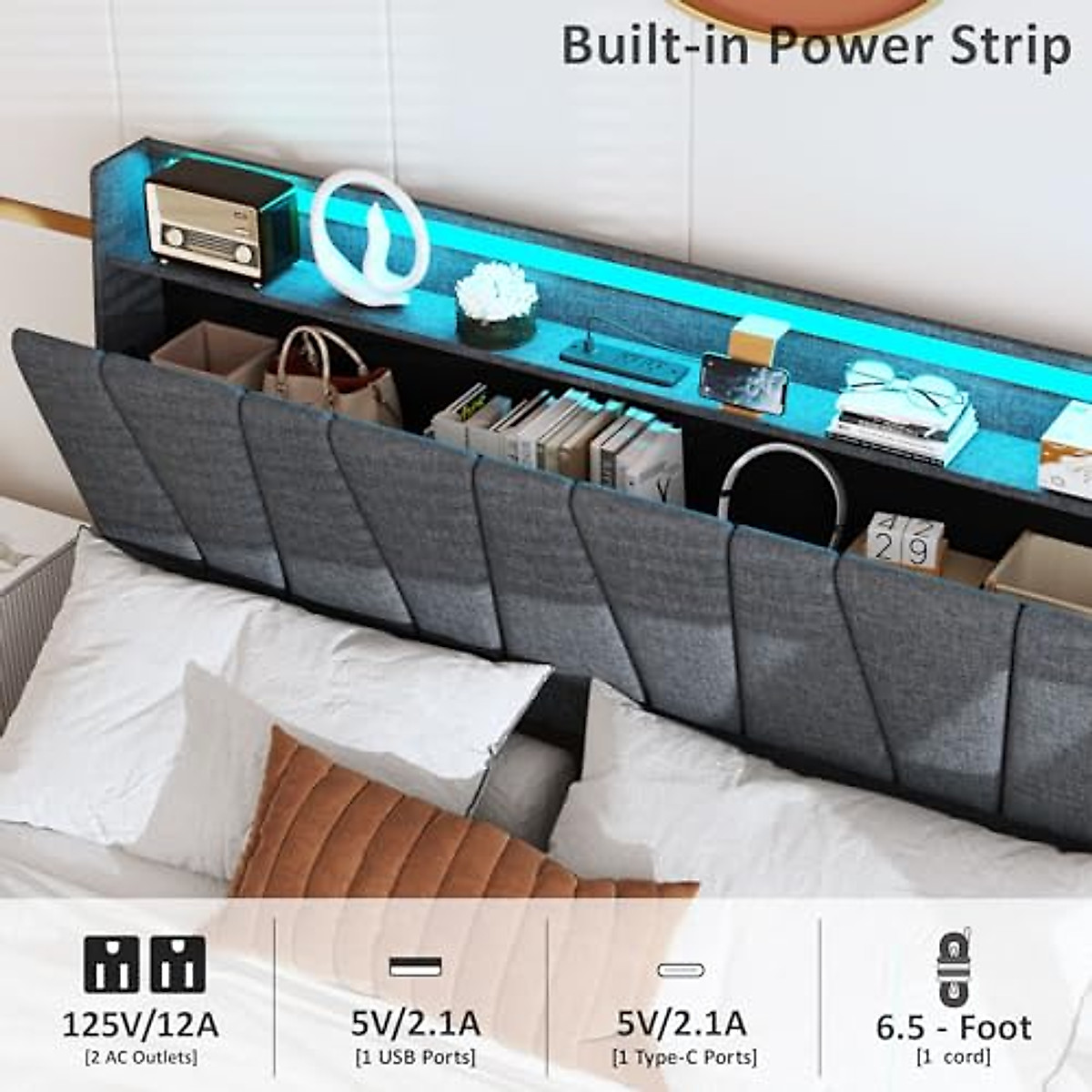 LED Queen Size Bed Frame with Storage Headboard and Charging Station,Upholstered Platform Bed with 3 Storage Drawers,Queen Bed Frame with LED Lights,No Box Spring,Noise-Free,Charcoal Gray