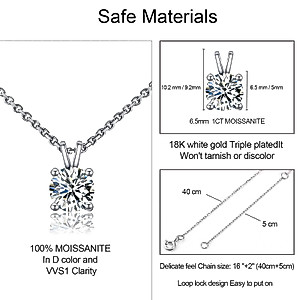 ZYI Moissanite necklaces for women Lab Created Diamond Round Moissanite Pendant Solitaire Necklace Chain Adjustable 18K WhiteGold Plated Sterling Silver Necklace Gift for Mother Wife
