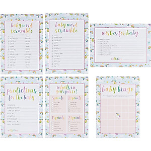Juvale Baby Shower Game Card Packs - 5-Set Assorted Party Activity Supplies for 50 Guests, Including Bingo, Word Scramble, and Well Wishes, Unicorn and Clouds Design, 50 Sheets, 5 x 7 Inches