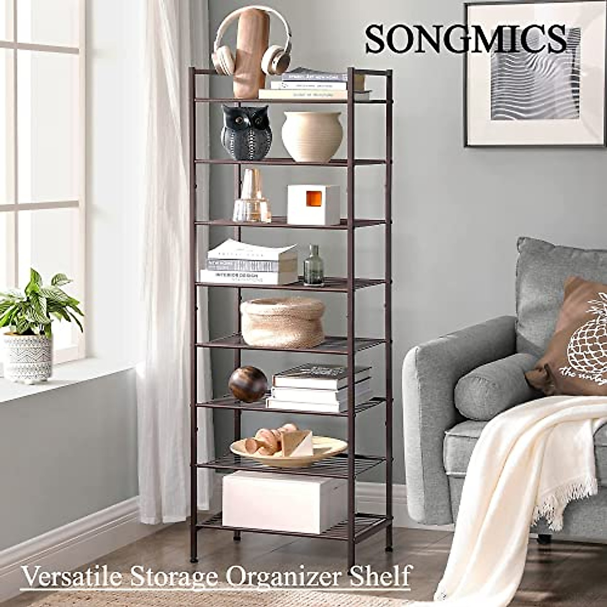 SONGMICS Shoe Rack 8 Tier Tall Shoe Storage Organizer, Sturdy Metal Narrow Shoe Rack Shelf for Closet Entry Small Space, Slim Shoe Stand Holder for 16-24 Pairs, Stackable Vertical Shoe Tower, Bronze