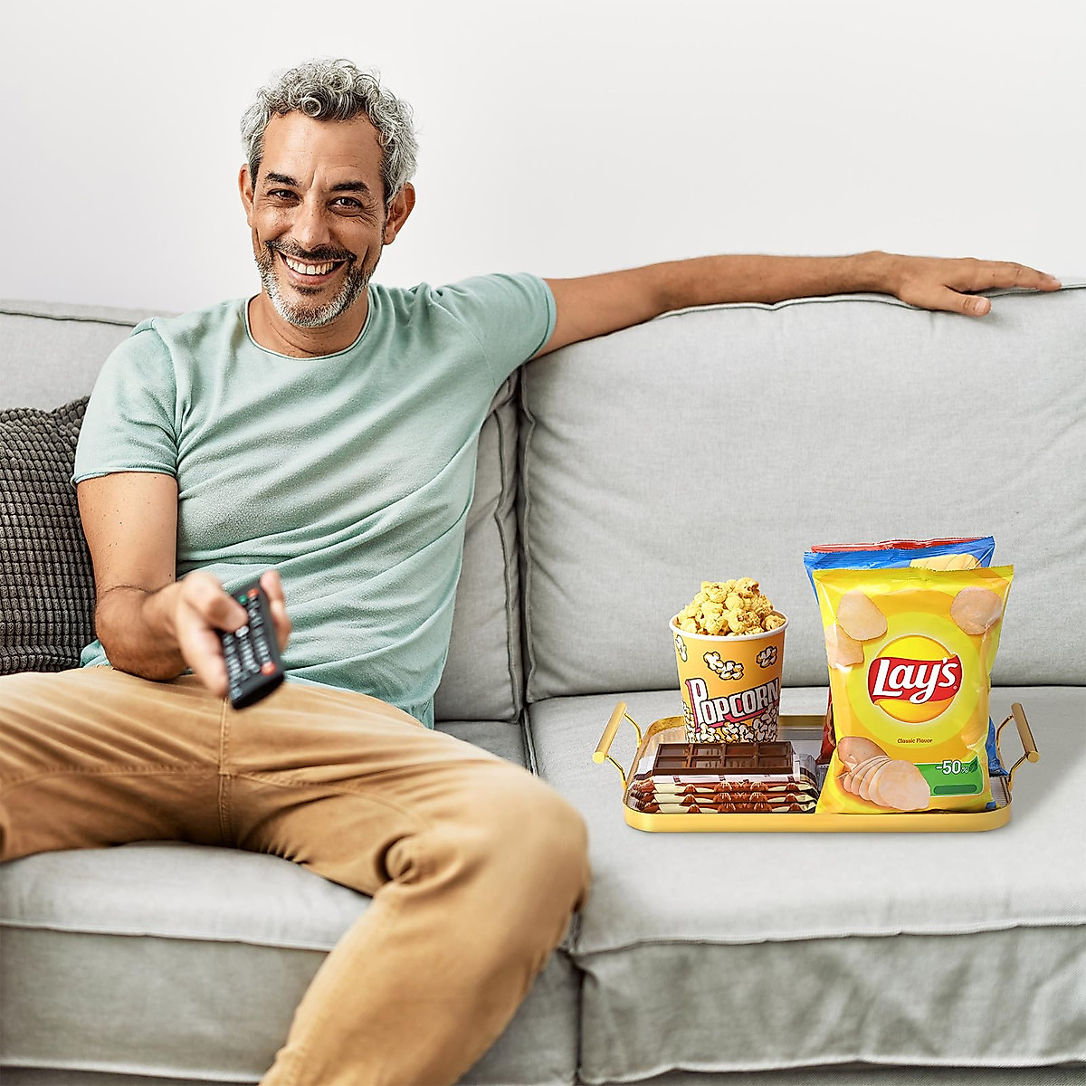 CoColemon Metal Serving Tray - 13.8"x10" Gold with Handles, Acrylic Bottom Decorative Tray for Ottoman,Coffee Table,Living Room and Bathroom