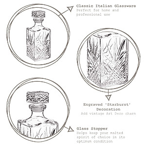 Bormioli Rocco Selecta Collection Whiskey Decanter – Sophisticated 33.75oz Diamond Decanter With Starburst Detailing – For Whiskey, Bourbon, Scotch & Liquor
