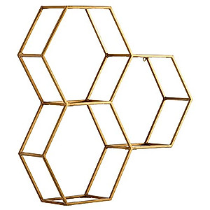 Amazon Brand – Rivet Modern Hexagon Honeycomb Floating Wall Shelf Unit with Glass Shelves - 28" x 28" x 6", Gold