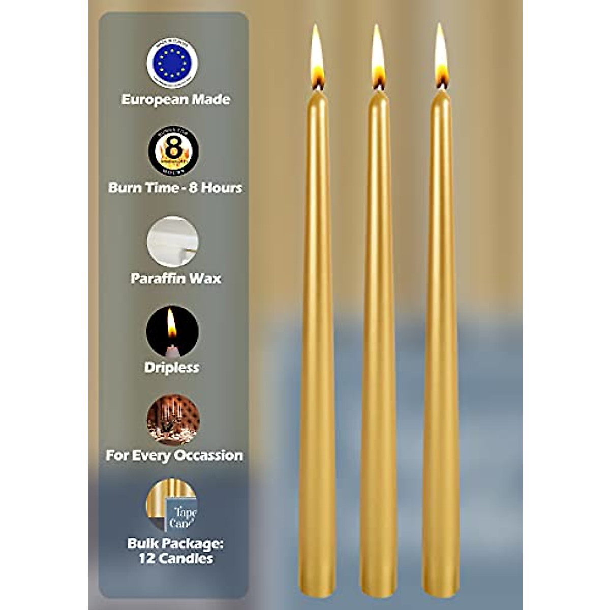12 Pack Tall Metallic Taper Candles - 10 Inch Gold Painted Metallic, Dripless, Unscented Dinner Candle - Paraffin Wax with Cotton Wicks - Individually Wrapped