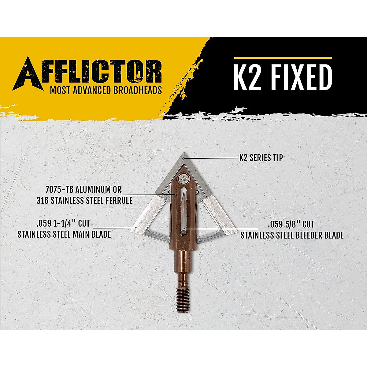 Afflictor K2-Fixed Broadhead | Cut on Contact Fixed Blades | Superior Penetration | Field Point Accuracy | Durable Design | Low Profile | Shoots from Any Bow |