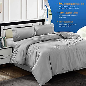 Dee's Collection 800 Thread Count Queen Size Duvet Covers Egyptian Cotton Light Grey Solid Ultra Soft and Breathable 3 Piece Set Quilt Cover with Zipper Closure & Four Corner Ties