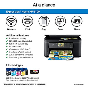 Epson Premium Expression Home XP 51 Series Small All-in-One Color Inkjet Printer I Print Copy Scan I Wireless Connections I Mobile Printing I Auto 2-Sided Printing I 2.4" LCD I 14 ISO PPM (Renewed)