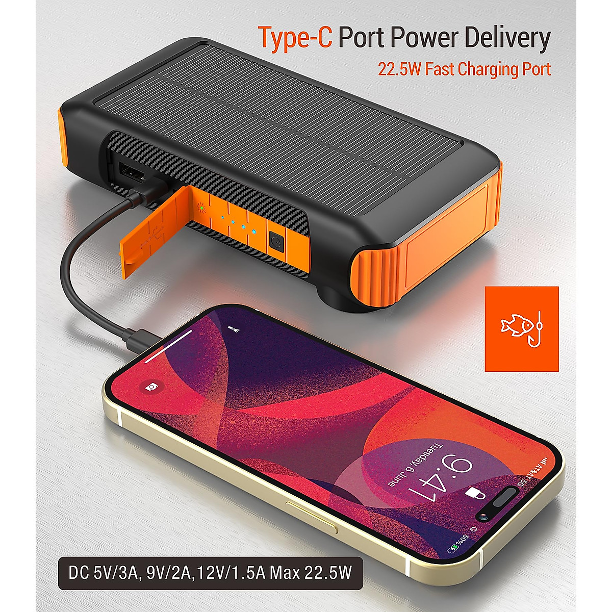 OOPOWEROO Solar Power Bank 20000mAh Built in Hand Crank and 4 Cables 22.5W Fast Charge Power Bank 5 Outputs & 5 Inputs Solar Portable Charger, SOS/Strobe/Strong Flashlights, Carabiner (Orange)