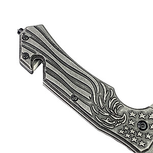 Falcon 8" U.S American Flag Eagle Engraved Assisted Open Tactical Stainless Steel Folding Clip Point Knife with Seatbelt Cutter and Glass Breaker