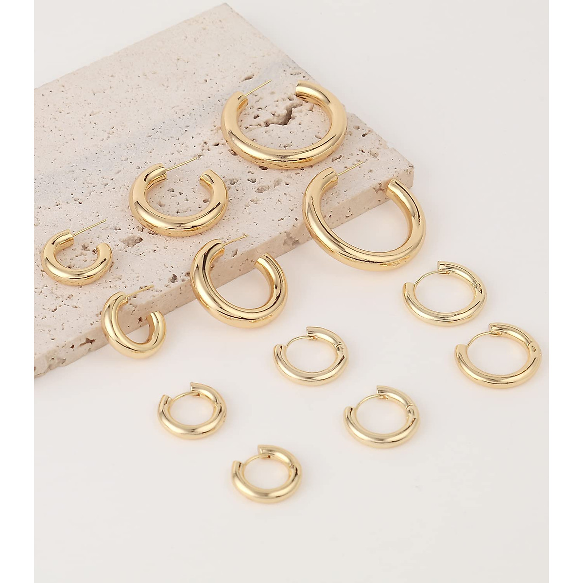 6 Pairs Gold Hoop Earrings Set 14k Gold Plated Huggie Earrings Hypoallergenic Chunky Twisted Thick Jewelry for Multiple Piercing Christmas Gift for Women (6 pairs gold hoop style-04)