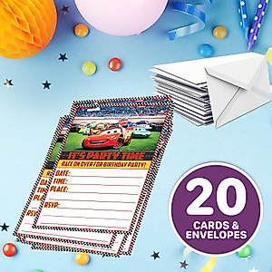 Set of 20 Cars -Themed Happy Birthday Invitation Cards & Envelopes - Lightweight (240g), Postcard Style Invites for the Perfect Party Pack