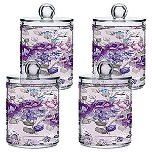 WELLDAY Apothecary Jars Bathroom Storage Organizer with Lid - 14 oz Qtip Holder Storage Canister, Retro Purple Flowers Clear Plastic Jar for Cotton Swab, Cotton Ball, Floss Picks, Makeup Sponges,Hair