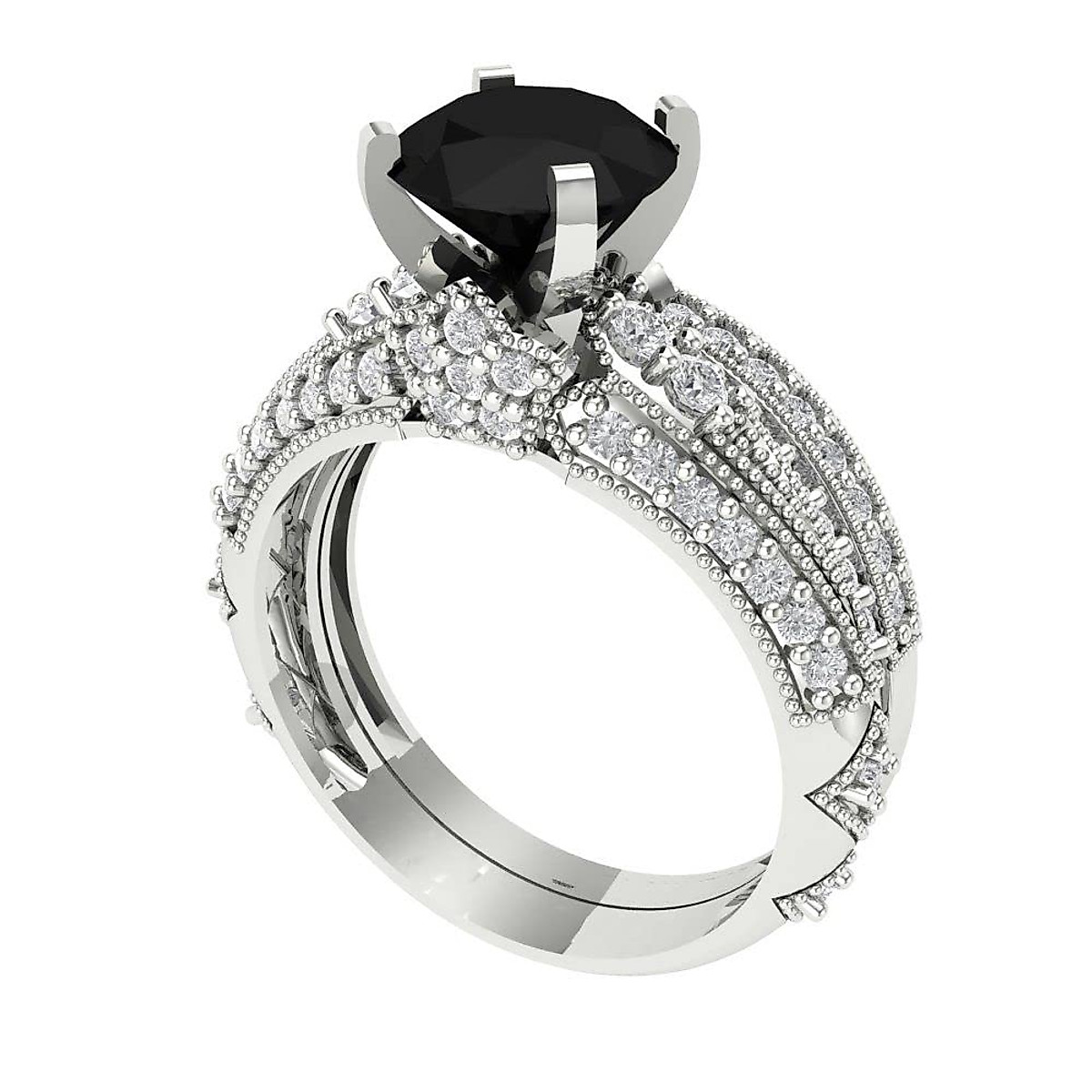 2.10ct Round Cut Laser Engraving Pave Natural Black Onyx Engagement Bridal Wedding Ring Band set Solid 18K White Gold Size 8