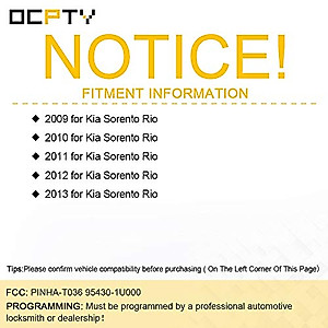 OCPTY 1X Uncut Keyless Entry Remote Control Key Fob Transmitter Replacement for Kia Sorento Rio 3.5L 2.4L 1.6L 3.8L 3.3L 09-13 PINHA-T036 95430-1U000