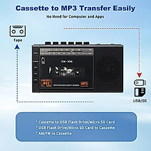 Portable Cassette Player and Recorder , Cassette Tape to MP3 Digital Converter with AM FM Radio, Support USB and Micro SD Card , Loud Speaker and Microphone Powered by AC and AA Battery