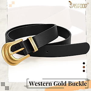 JASGOOD Women's Western Belt Vintage Black Leather Waist Belt for Pants Jeans with Gold Buckle