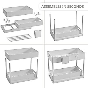 Under Sink Organizers and Storage, Bathroom Cabinet Organizer, Sink Shelf with Utility Hooks and Side Caddy for Under Cabinet Storage | Under Kitchen Sink Organizer with Sliding Drawer, White (1-Pack)