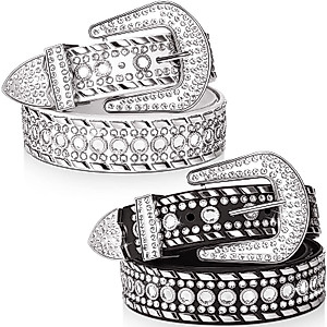 Geyoga Rhinestone Belt for Women 2 Pcs Bling Studded Leather Belt Western Studded Belt Cowgirl Belt (Fits Waist Size 31-37 Inch)