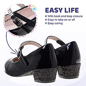 LseLom Girls Dress Shoes with Rhinestone Mary Janes for Girls Hook and Loop Party Sparkly Heels Shoes Black Big Kid 2